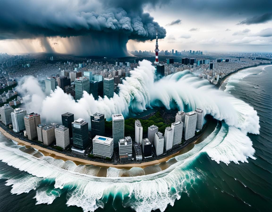 (Aerial drone photography:1.5) of a colossal towering tsunami wave ...