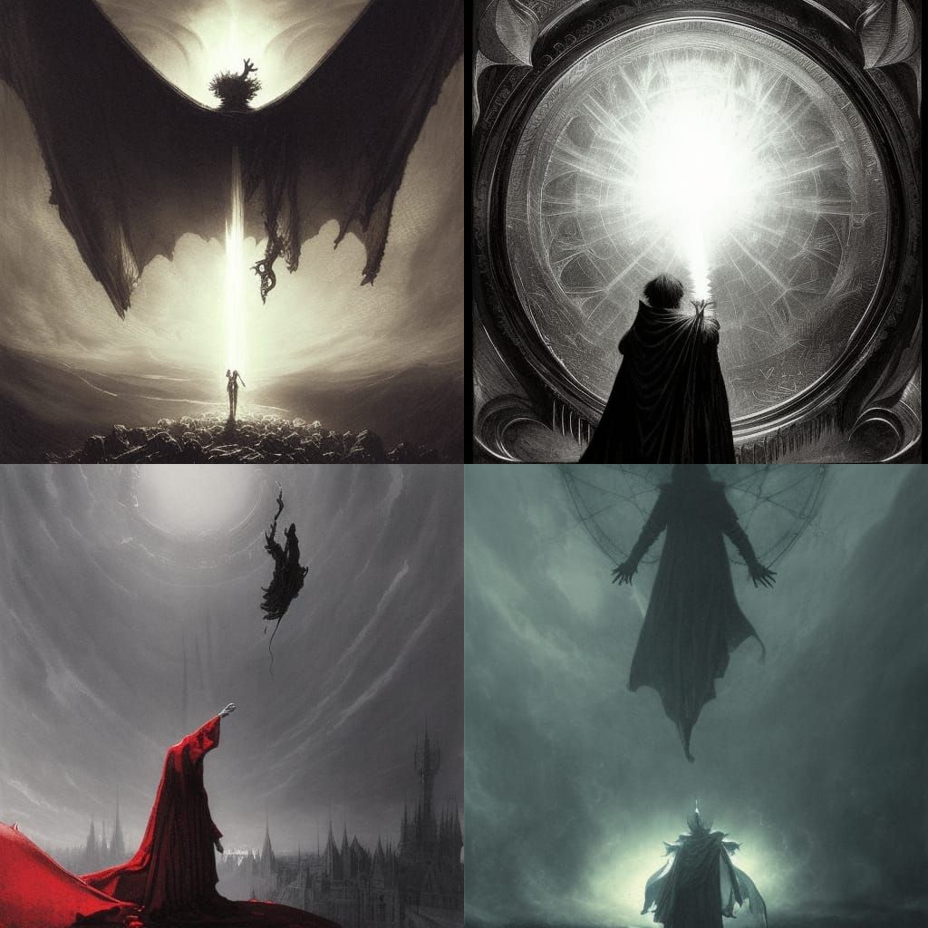 A Shadow Dragon flying above the red hooded alchemist standing on a ...