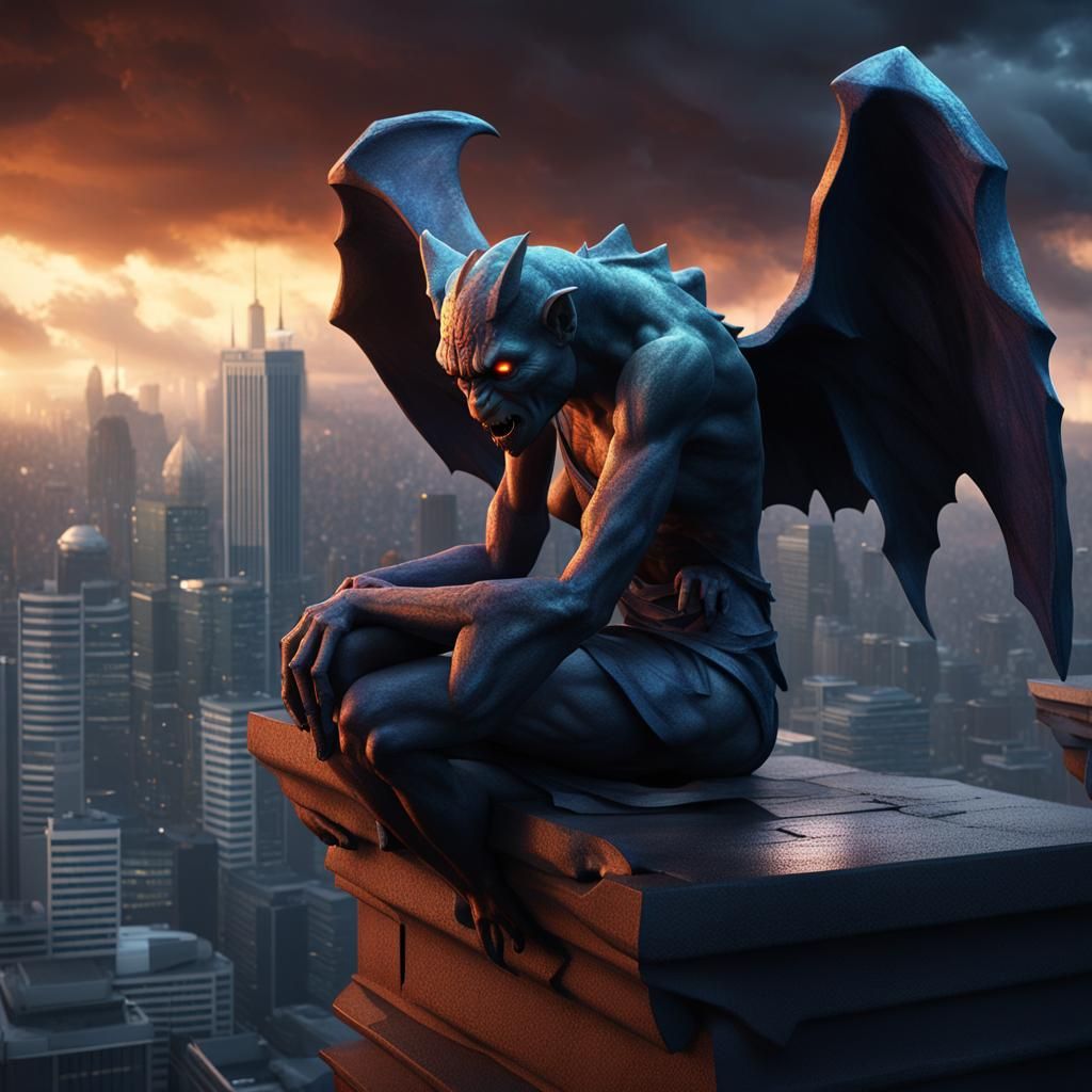 beautiful female gargoyle perched on ledge of a skyscraper building ...