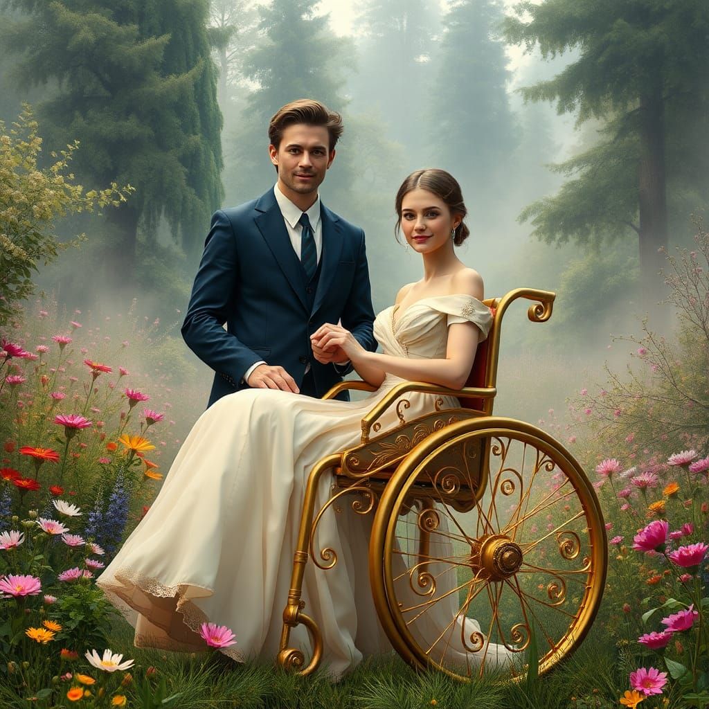Whimsical Wheelchair Romance in a Vibrant Garden - AI Art