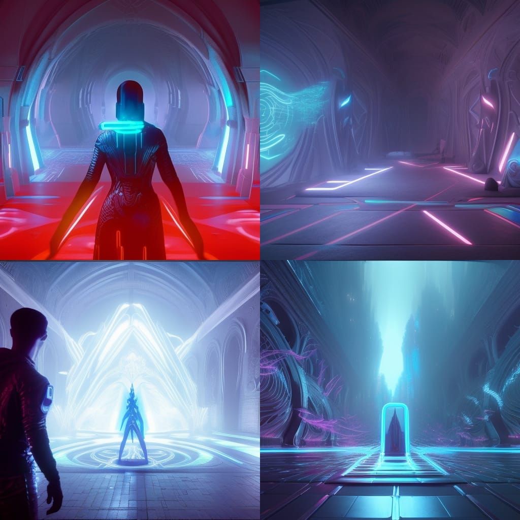 3d Tron gates into the metaverse with huge army synthwave neon retro ...