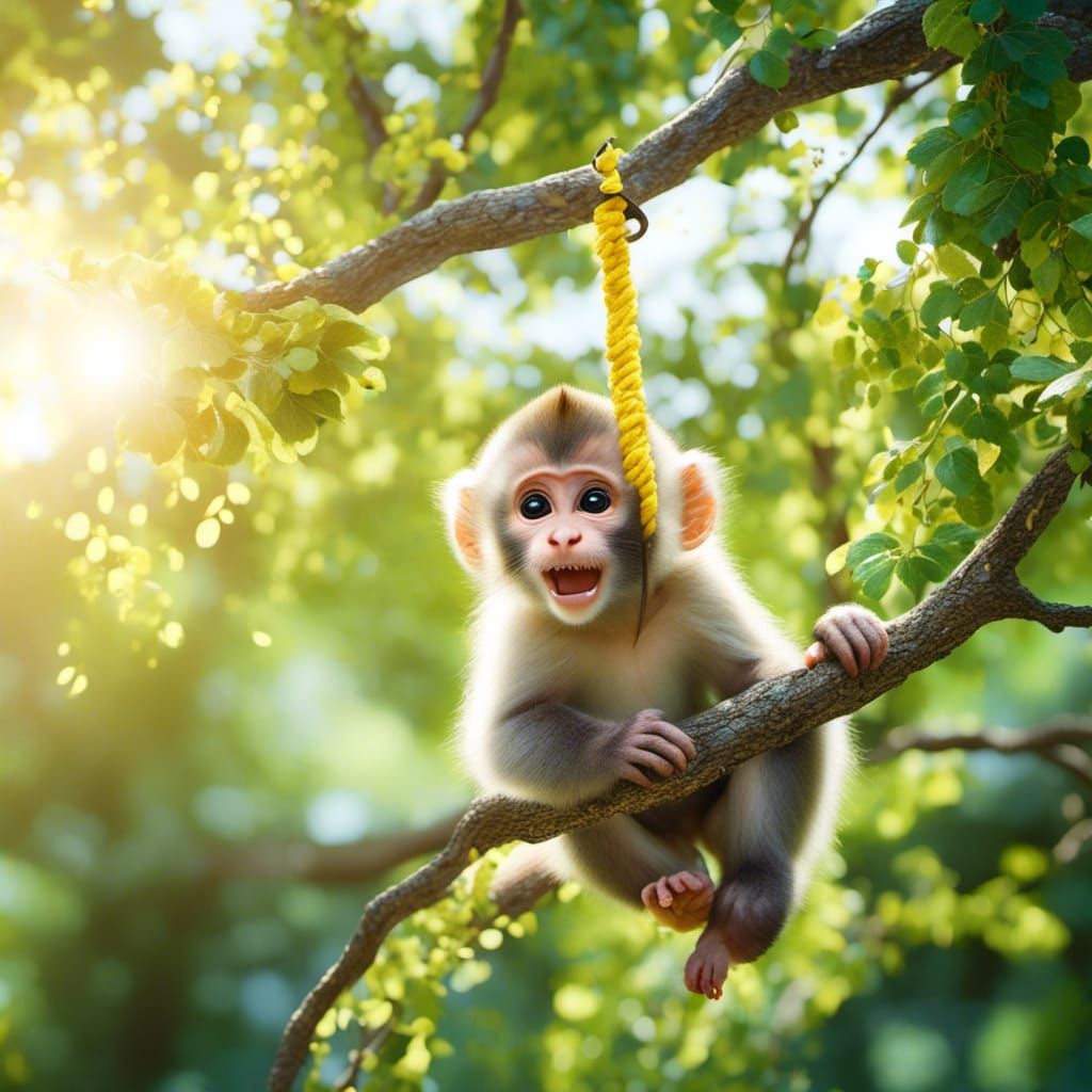 cute baby monkey hanging on brunch in a park, volumetric lighting ...