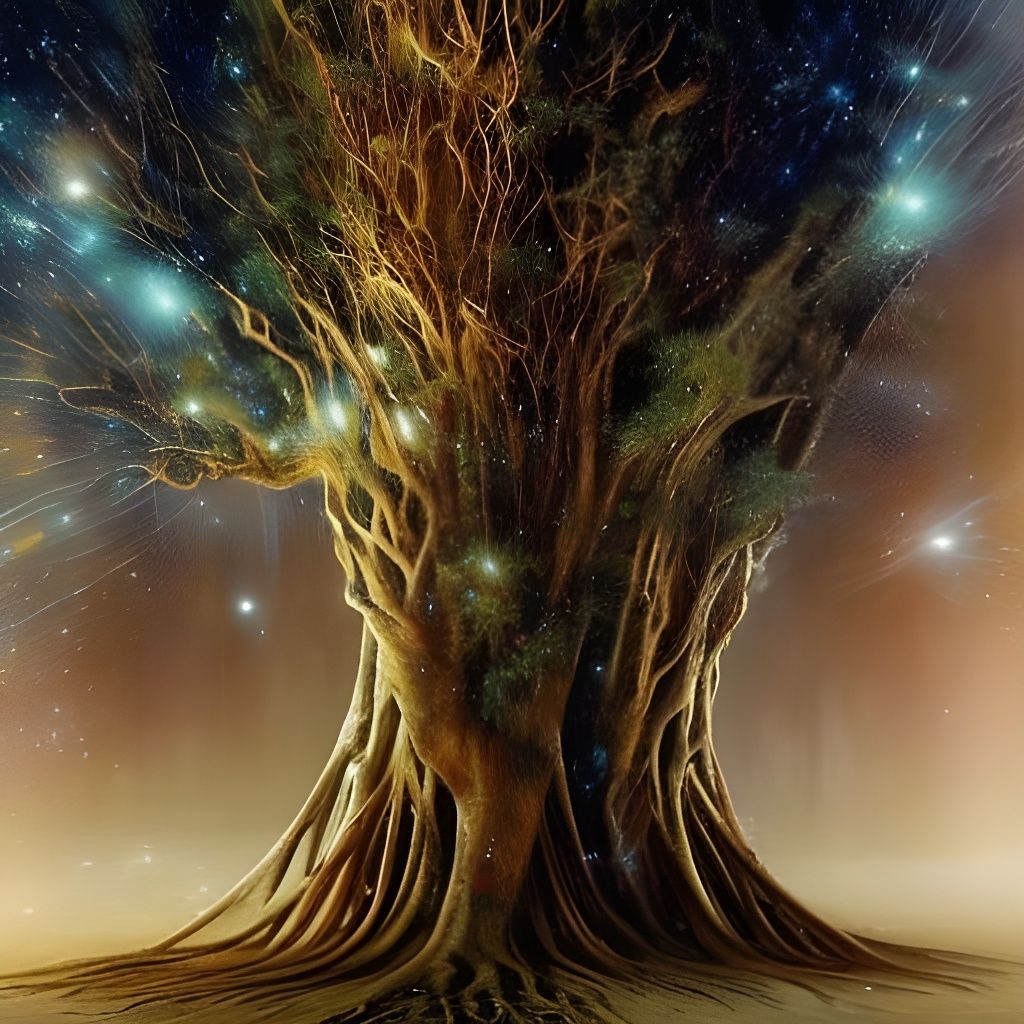 huge tree with big roots melting into the full of planets and stars ...
