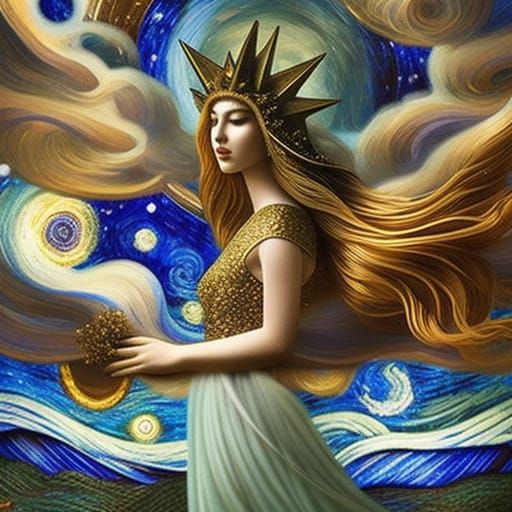 celestial woman in Surreal artisanal Star made entirely Starry Night ...