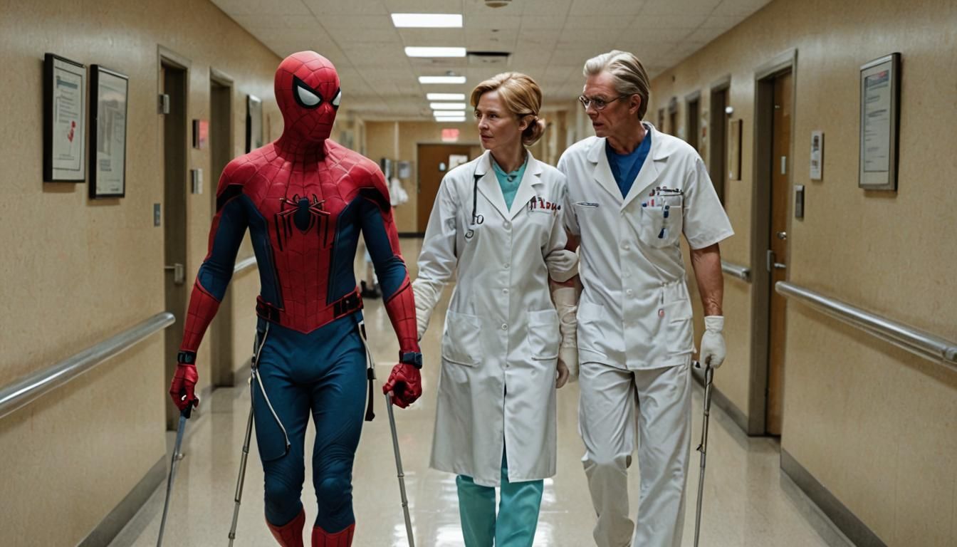 Spider-man, with his arm and leg encased in plaster casts - AI ...