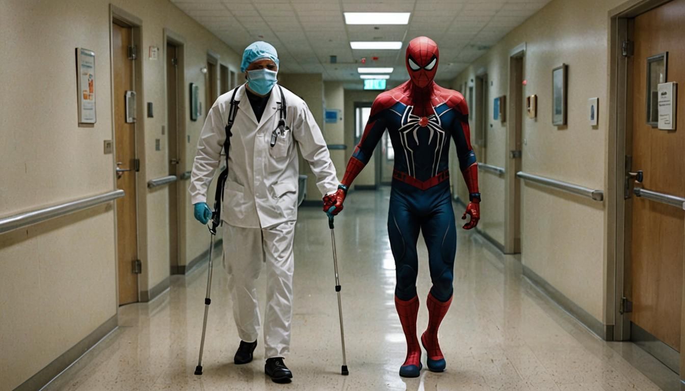 Spider-man, with his arm and leg encased in plaster casts - AI ...