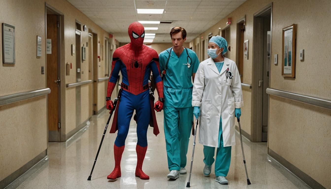 Spider-man, with his arm and leg encased in plaster casts - AI ...