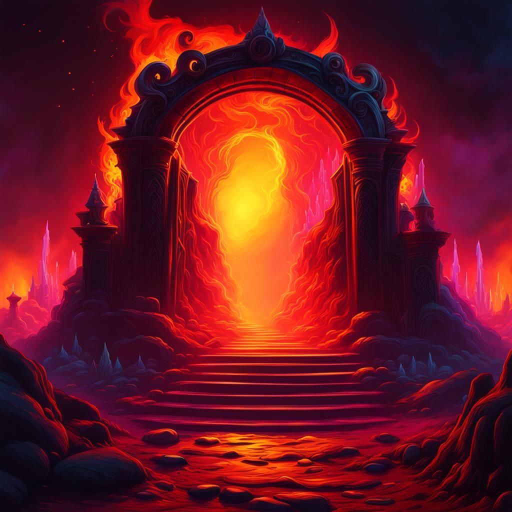 (The entrance to Hell), whimsical vivid colors dark fantasy theme art ...