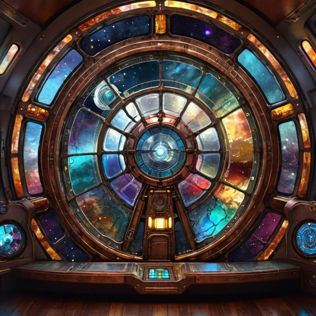 Make me a picture of a spaceship with a huge multi-floor stained glass ...