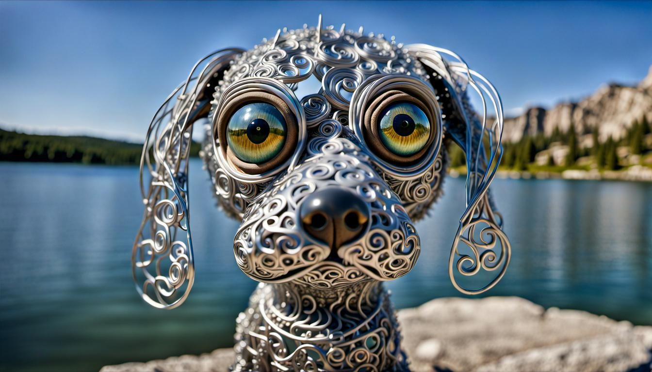Wired metal dog at the lake - AI Generated Artwork - NightCafe Creator