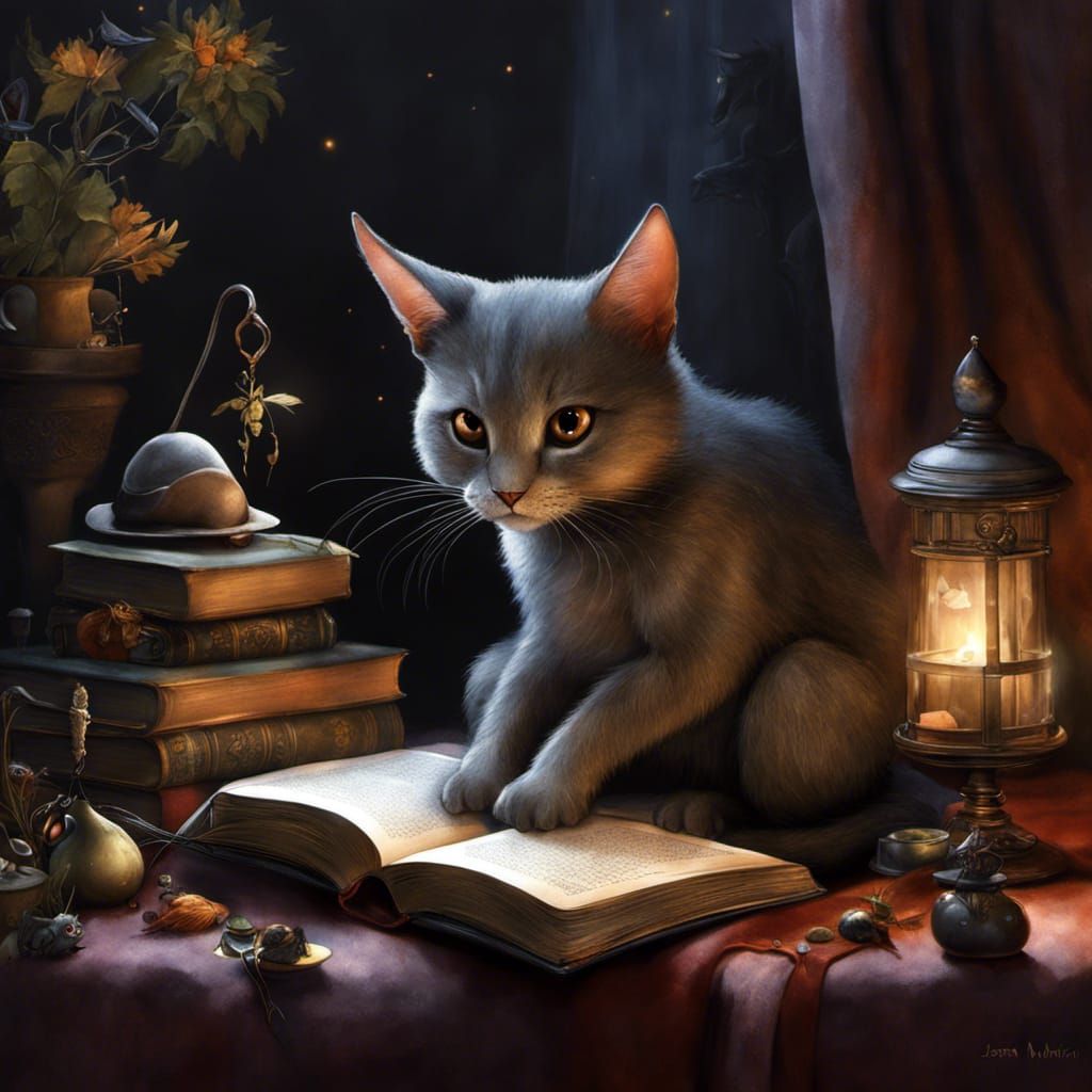 A cute moody gothic witch, cat, toad, bat, spider, moth, rat, snake ...