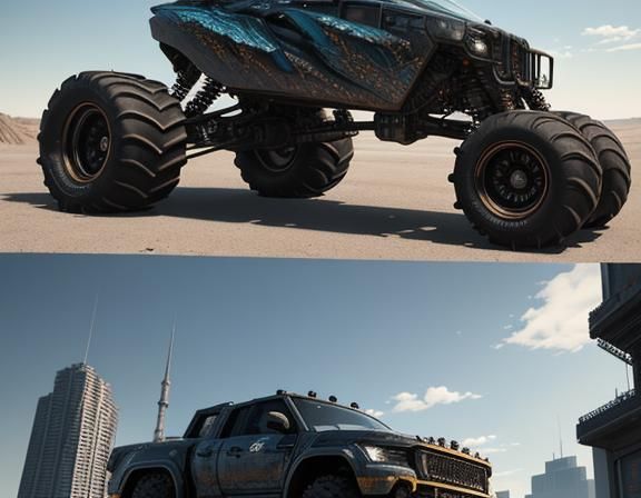 a beautiful glass sculpture of a "monster truck", ornate render, octane ...