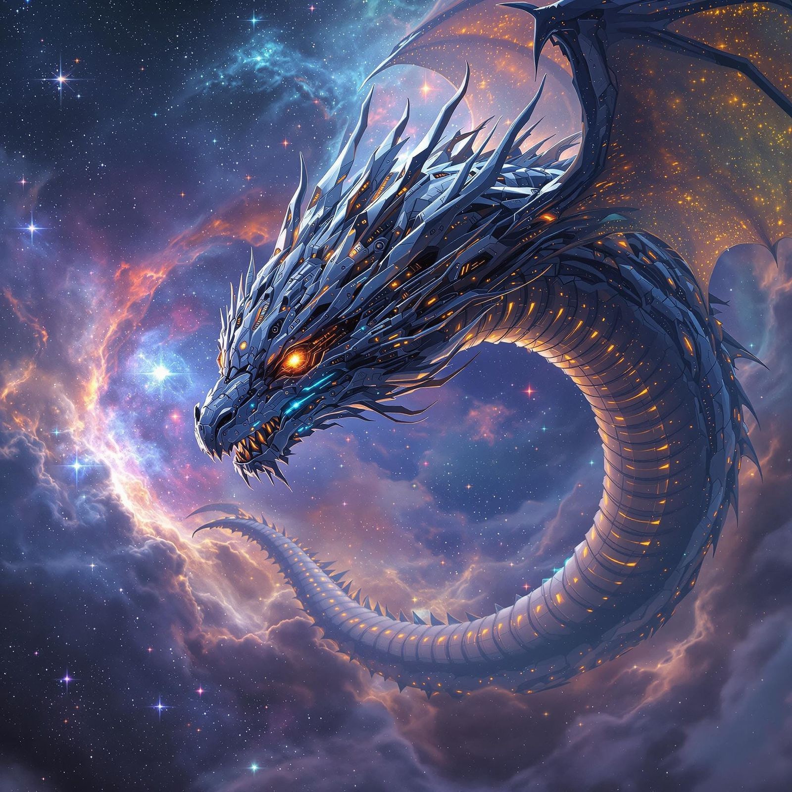 Metallic Space Dragon - Cosmic Chrome Dragon Soars Through N...