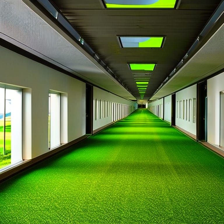 a liminal hallway with a grassy floor and windows on the left side ...