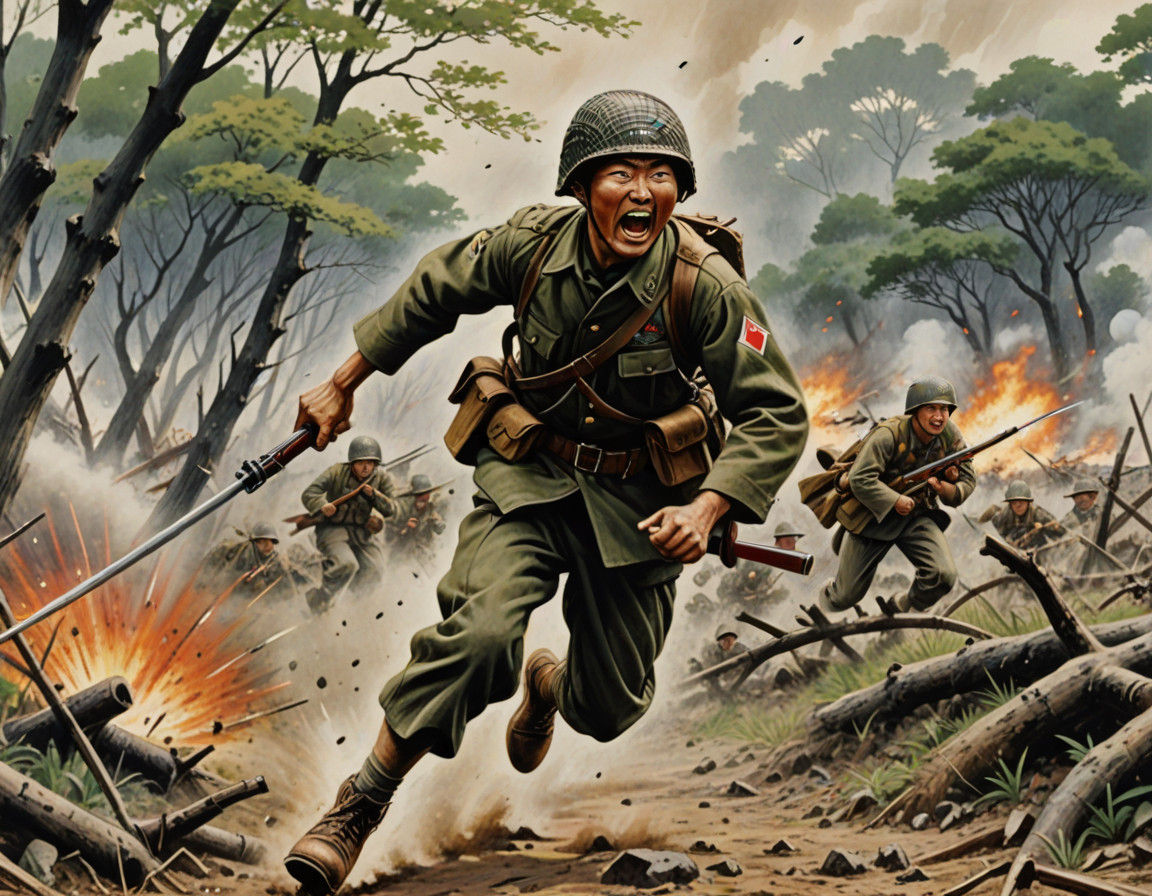 WWII Japanese Soldier Charges Forward in Banzai Sp... - AI Art