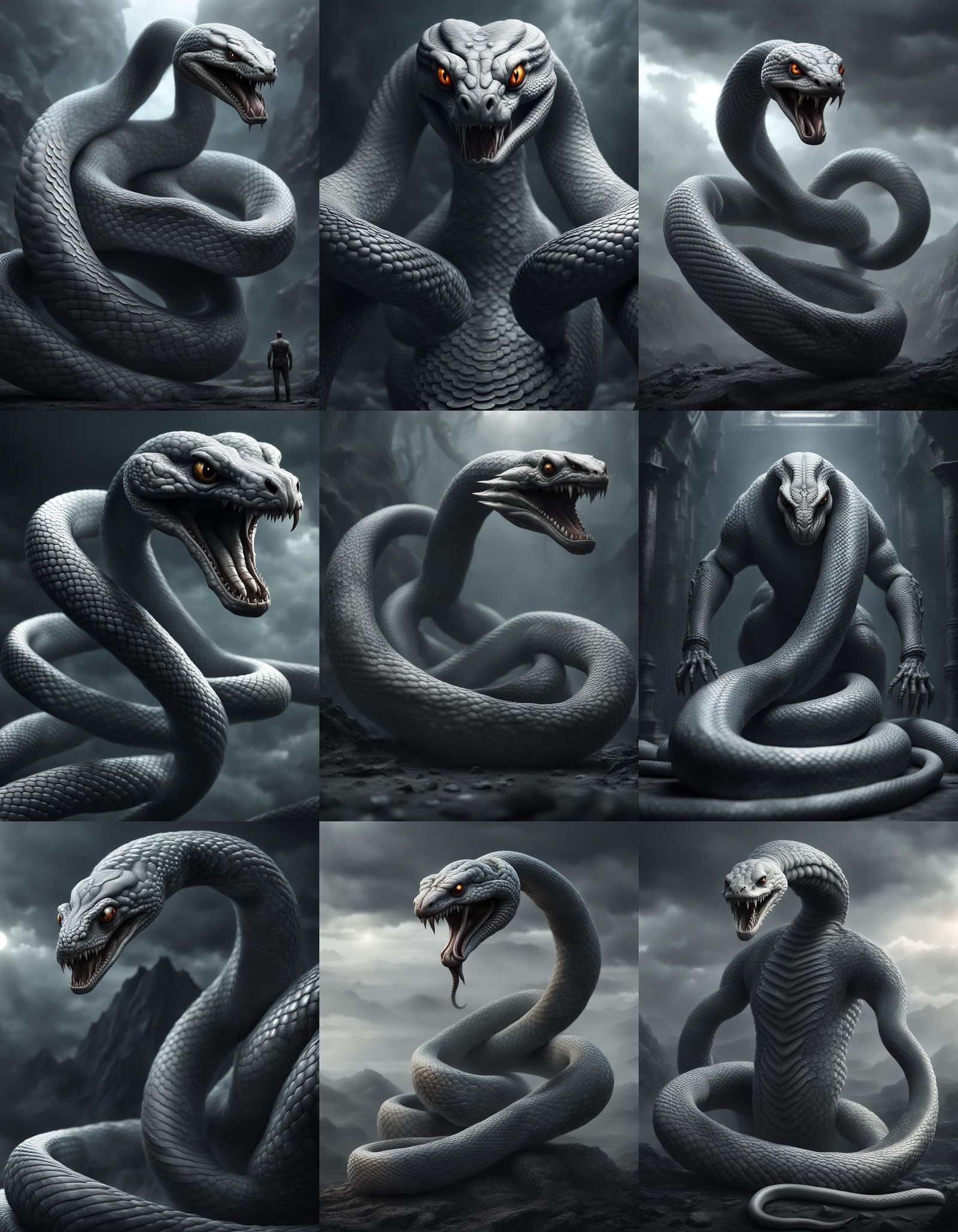 humanoid snake monster. scales are grey. Has arms and legs ...