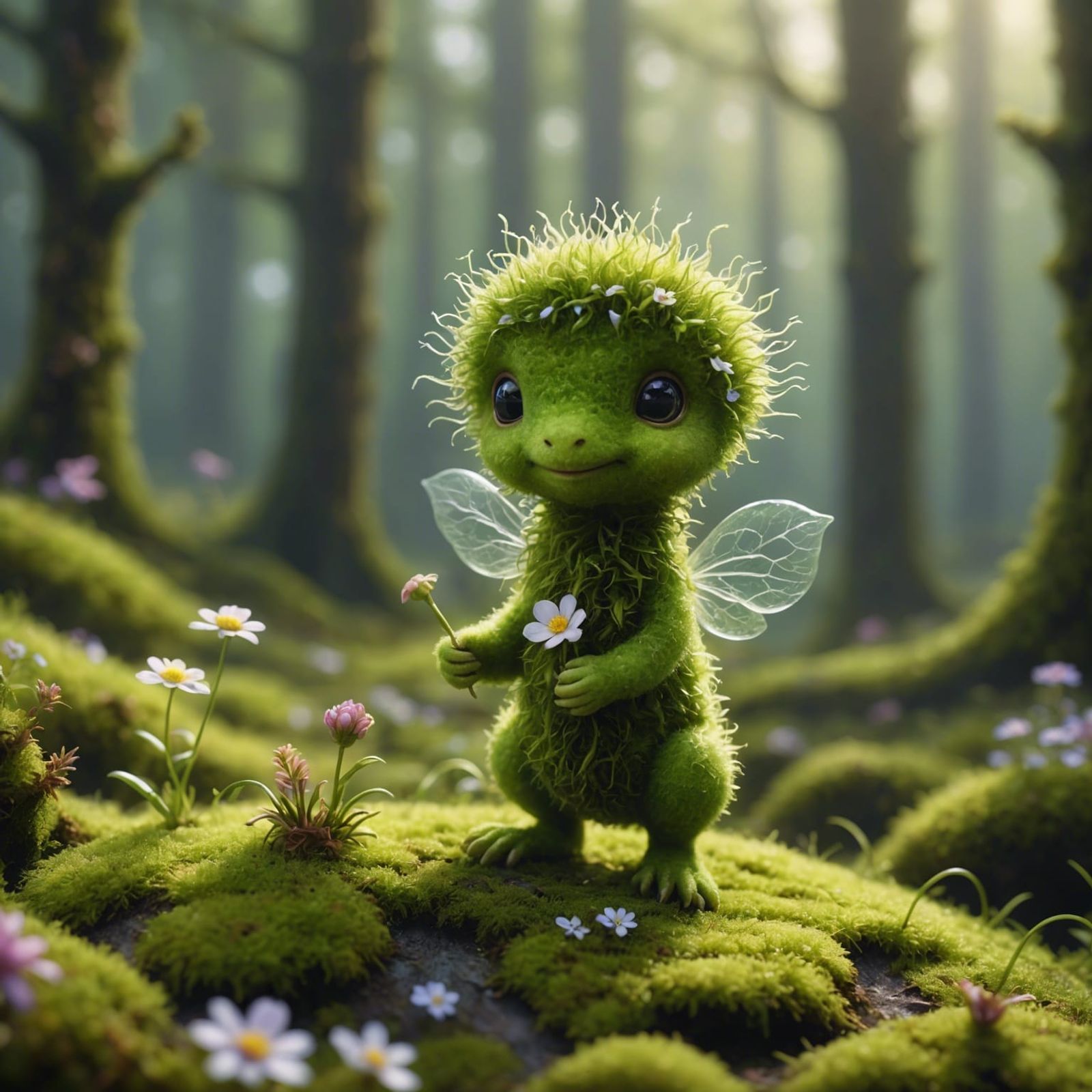 close-up of a tiny cute moss creature holding a flower on a sunlit moss ...