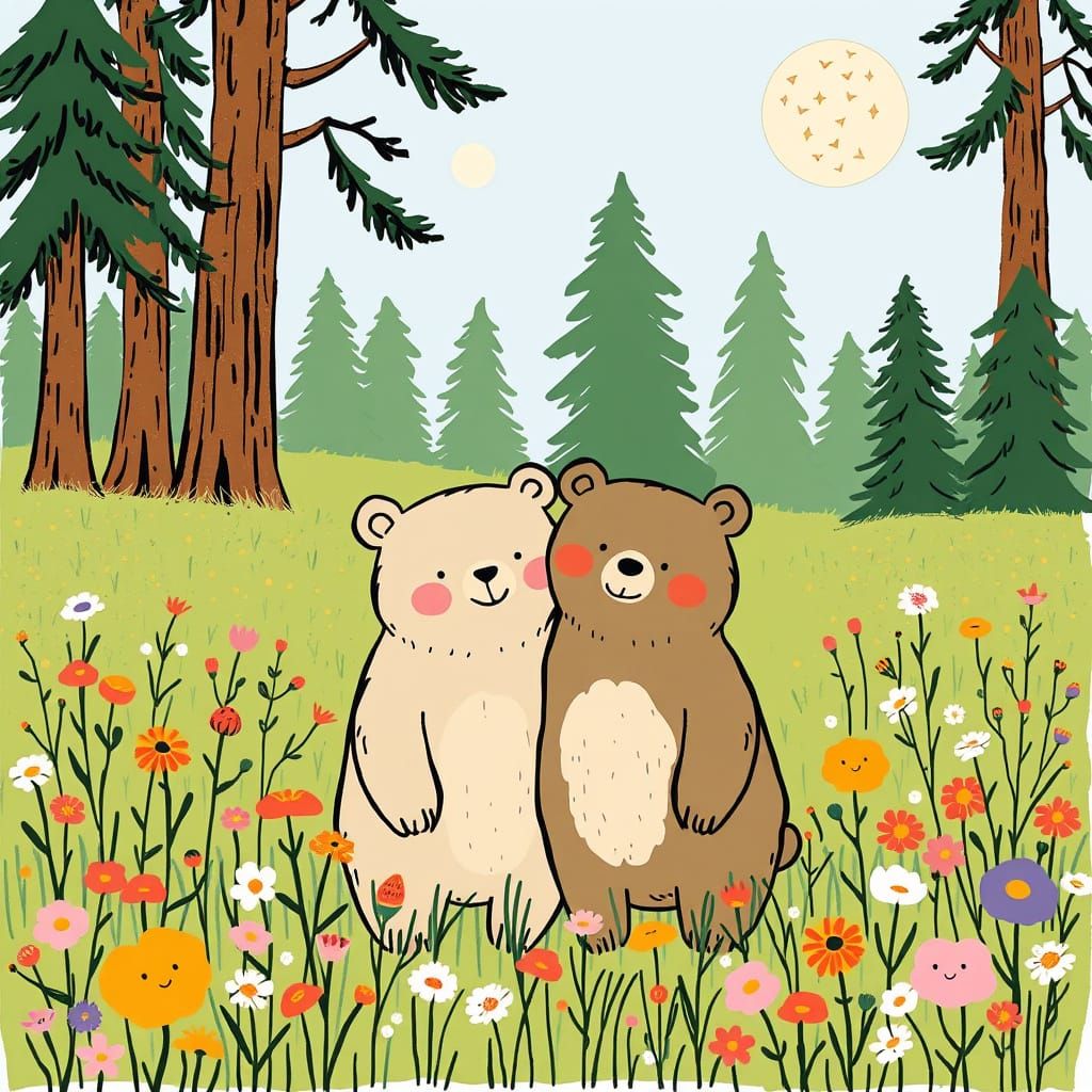 A couple of bears - Whimsical Bears in a Vibrant Meadow