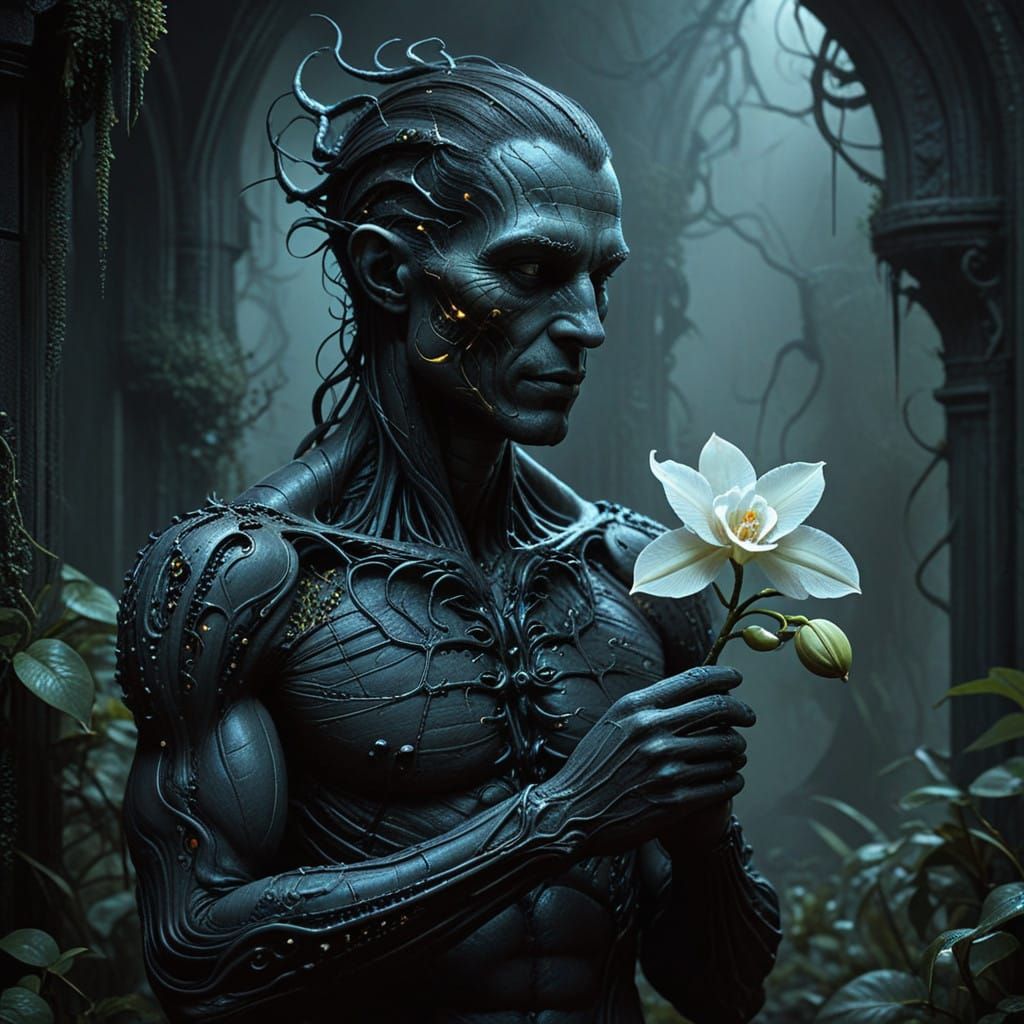 Mysterious Smile of an Ethereal Man with an Orchid - AI Art