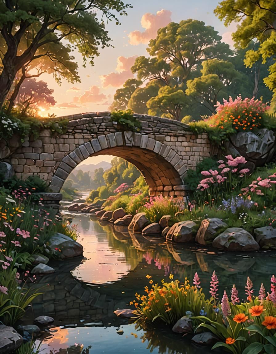 Bridge - Ethereal Bridge Arches Over Serene River Landscape