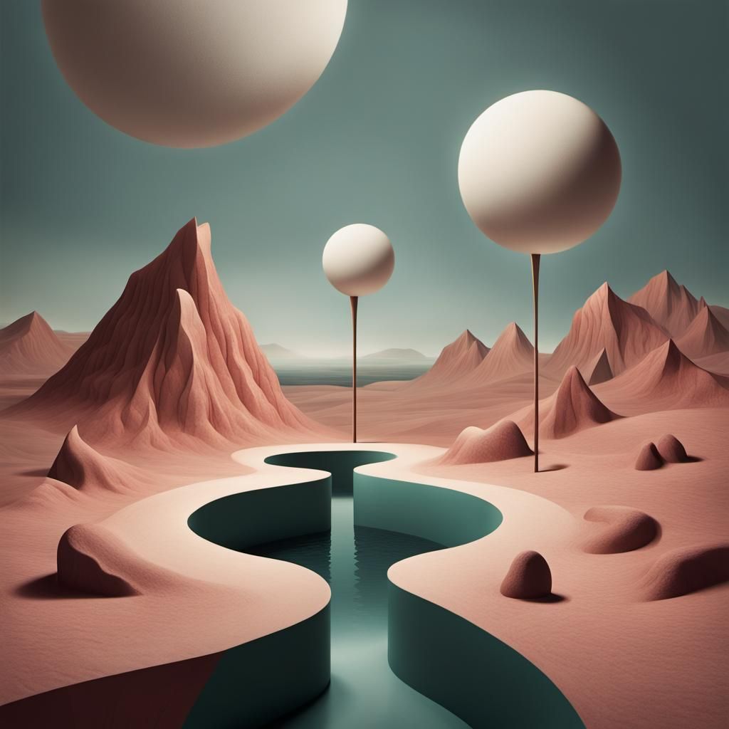 [Absurdism art featuring a nonsensical landscape], [contradictory ...