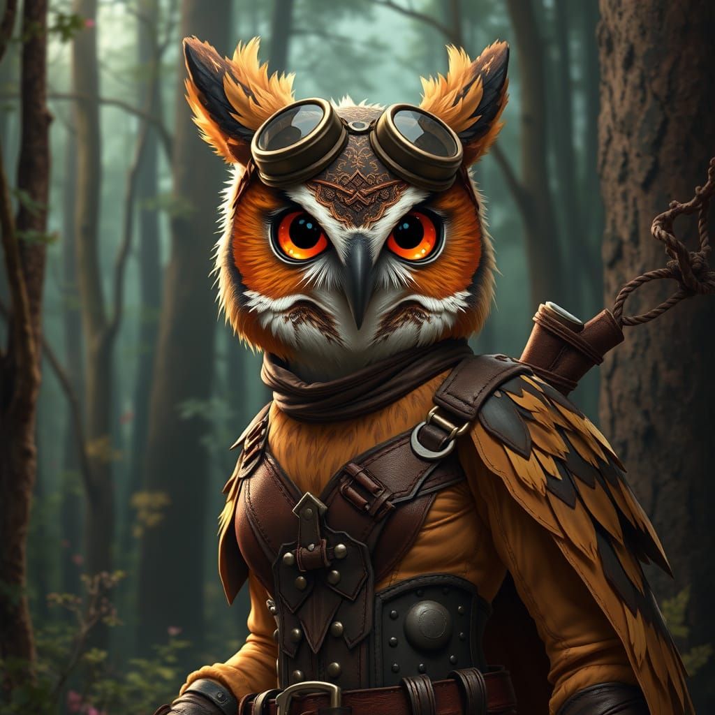 Steampunk Barn Owl Ranger in Mystical Forest - AI Art