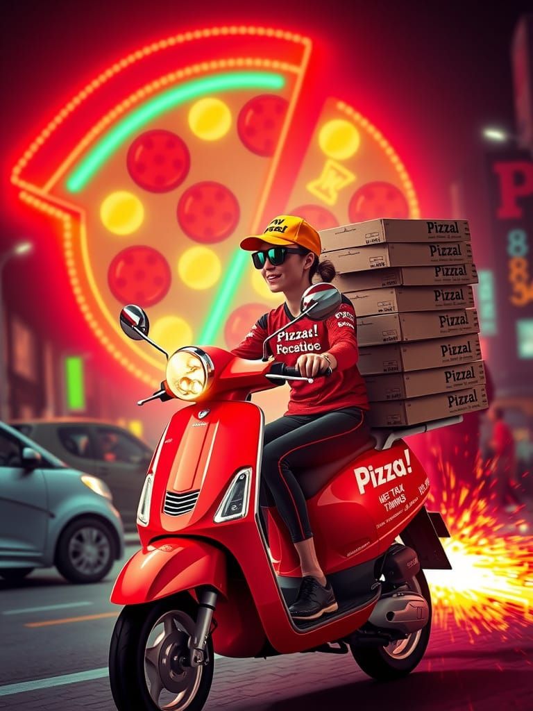 Cyberpunk Foodie Delivery in Neon Cityscape - AI Art