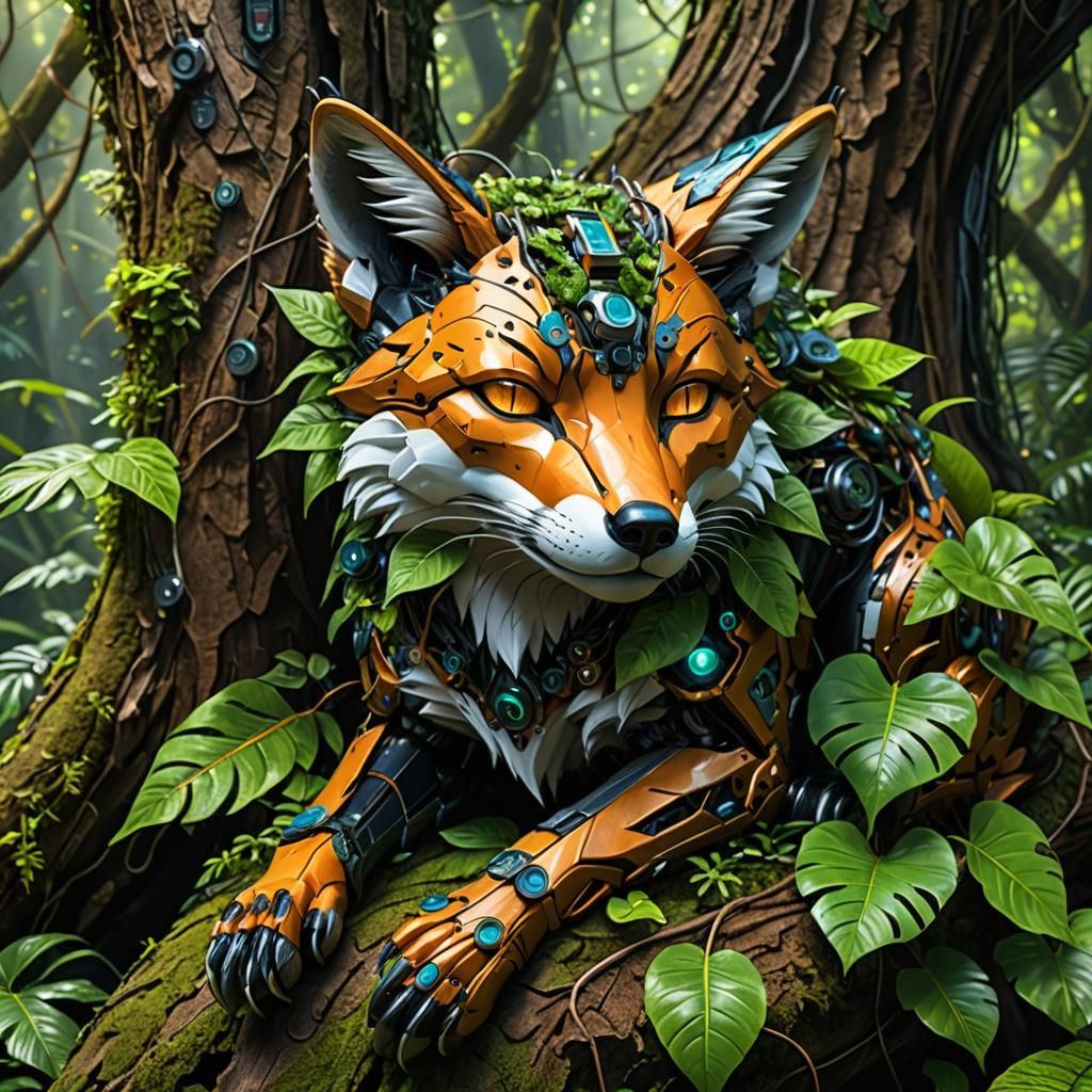Mechanical Fox on a rainy forest - AI Generated Artwork - NightCafe Creator