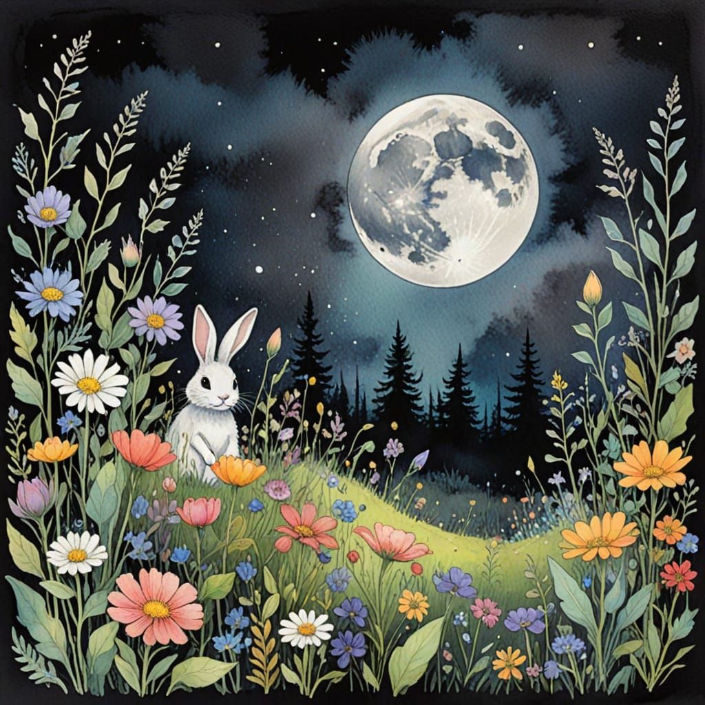 Moonlit Flowers - Vintage Noir Watercolor Painting of Wildfl...