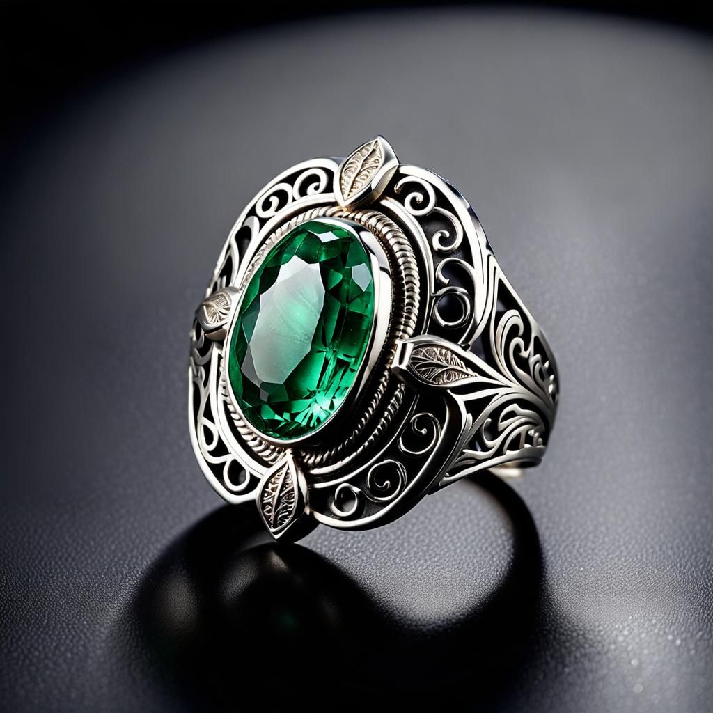 Emerald carved jewel with intricate silver rings - AI Generated Artwork ...