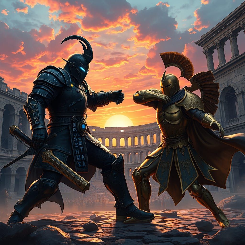 Dark Knight Battles Golden Gladiator in Ancient Co... - AI Art