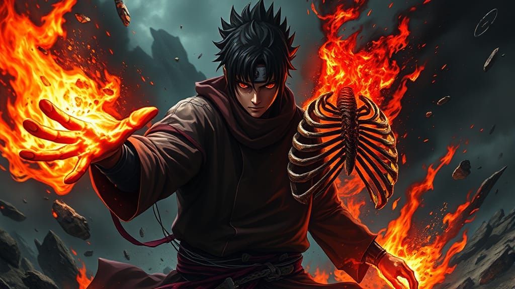 Itachi Uchiha in mid-action, casting Amaterasu (black flames)