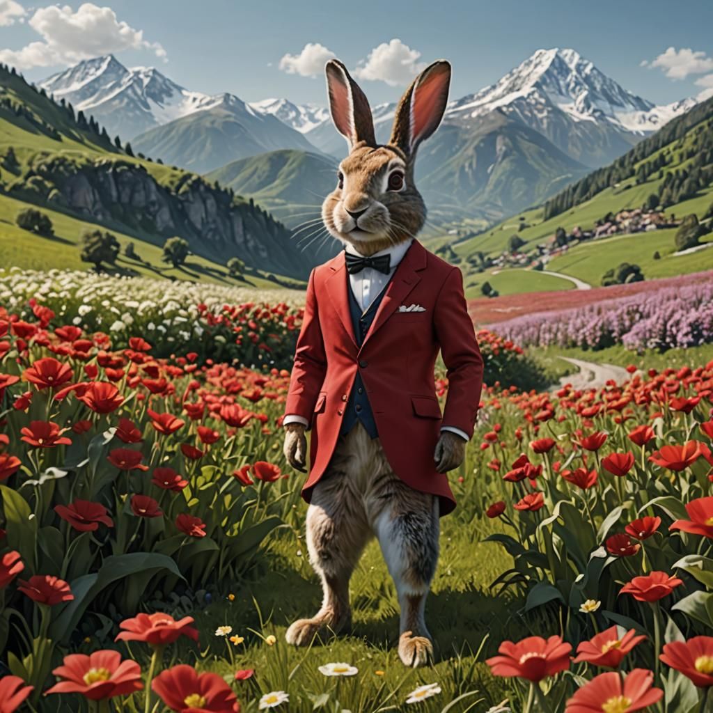 a gentleman rabbit wearing a red suit standing in a field of flowers ...