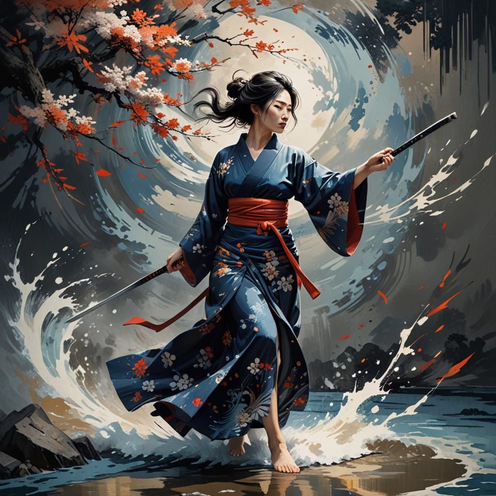 Ink painting in the style of Japanese sumi-e: a young woman in a ...