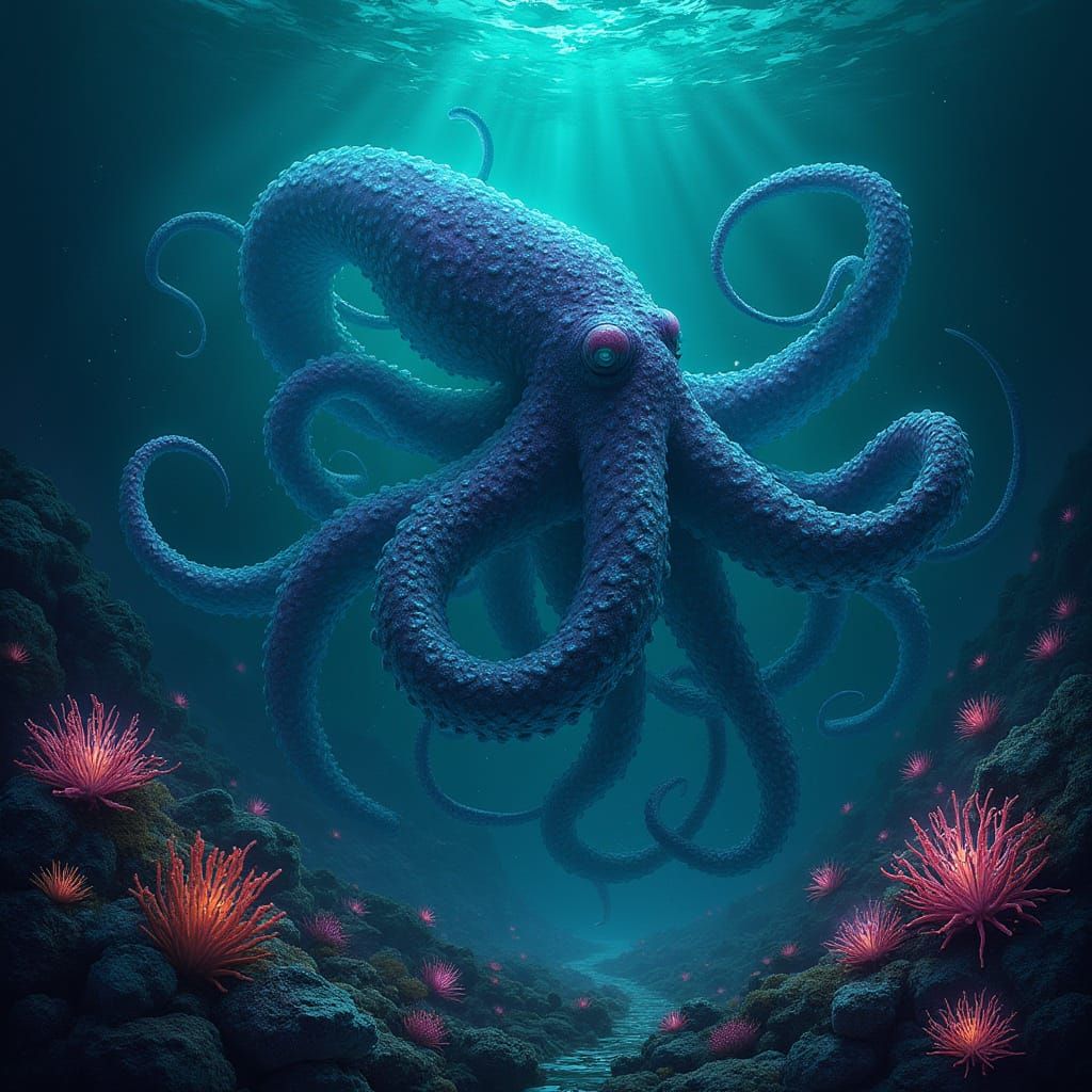 Bioluminescent Kraken Emerges from the Deep - AI Art