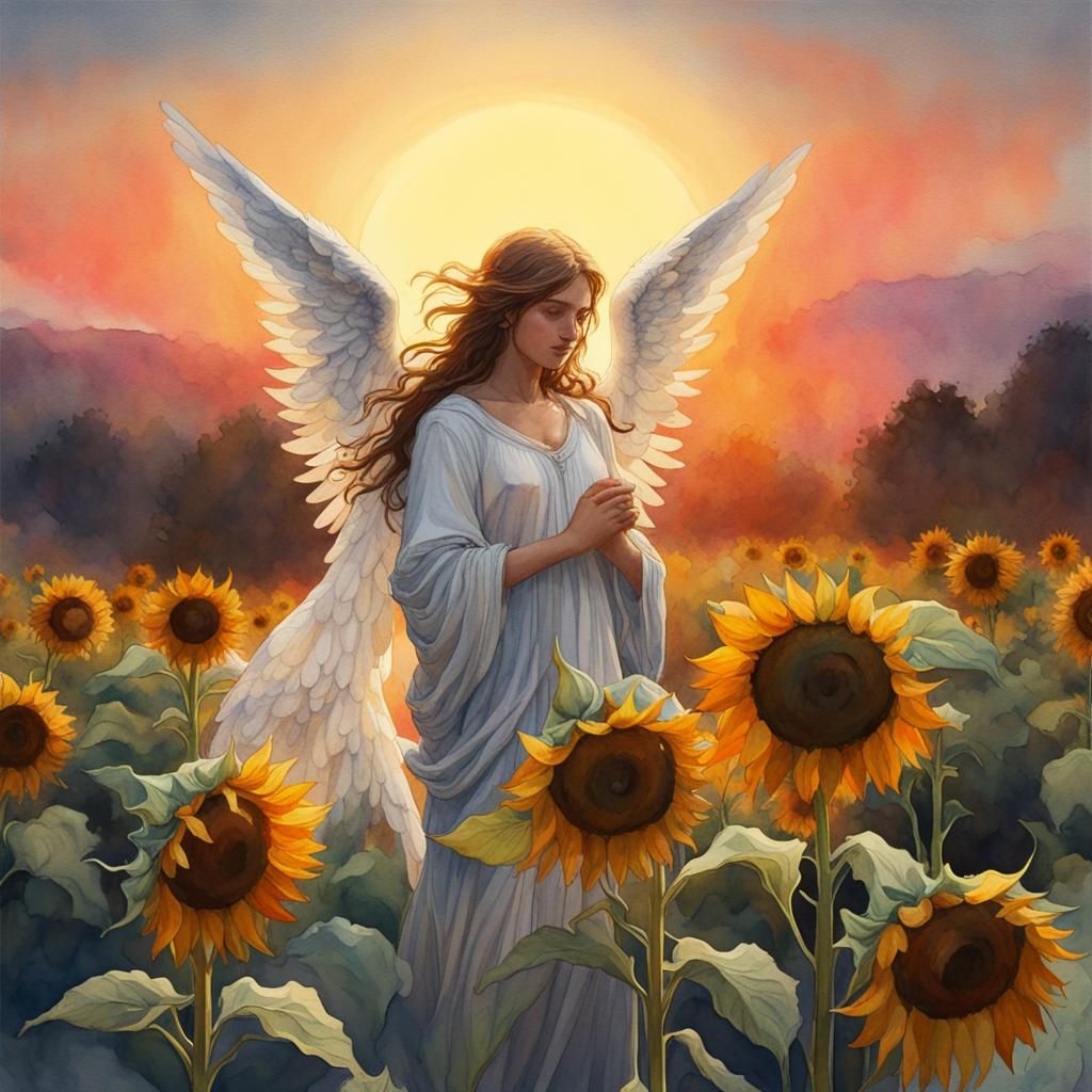 angel around sunflowers (light at dawn:1.9) (watercolors:1.9) 8k ...