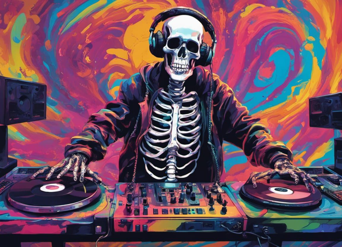 Psychedelic colourful creative skeleton that is a DJ and plays with the ...