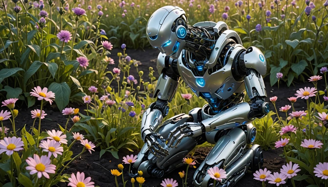 Symbiotic Bloom: A humanoid robot kneels amongst a field of flowers ...
