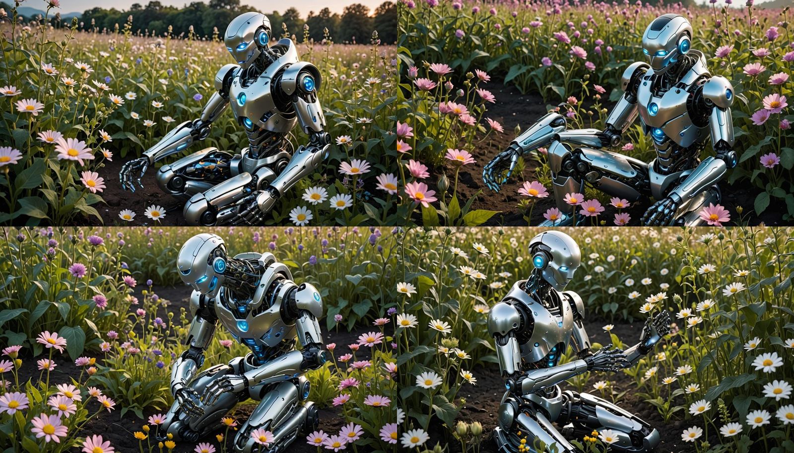 Symbiotic Bloom: A humanoid robot kneels amongst a field of flowers ...