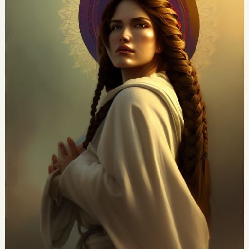 brunette woman flowing robes priestess praying braid - AI Generated ...