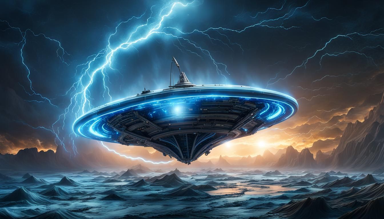 An alien starship traveling across the vastness of the cosmos to a ...