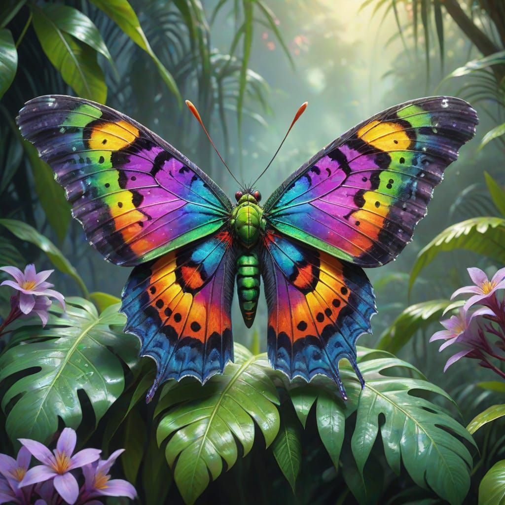 Ethereal Fantasy Sunset Moth Perched on Dewy Leaf - AI Art