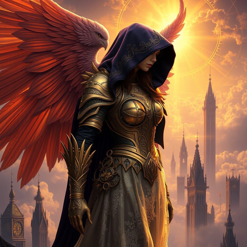 Regal Valkyrie in Golden City of Clouds - AI Art