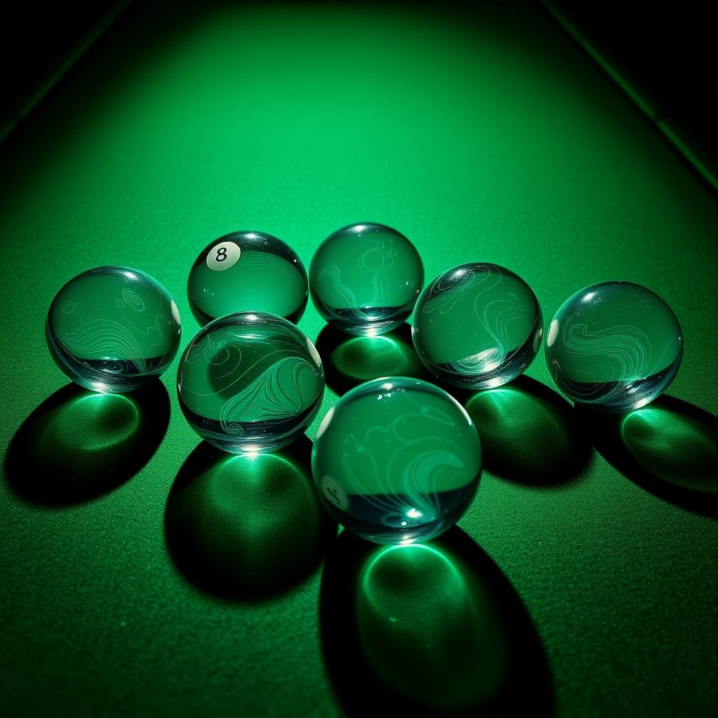 Glass Pool Balls on Emerald Green Table - AI Art