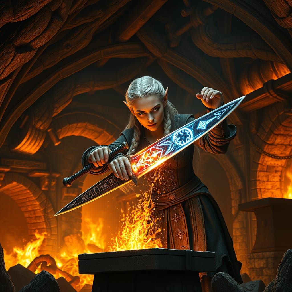 A formidable elven blacksmith, her silver hair bound in tight warrior ...