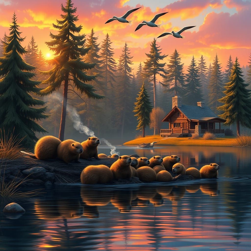 River Sentinels at Sunset - Beavers in Majestic Sunset Lands...