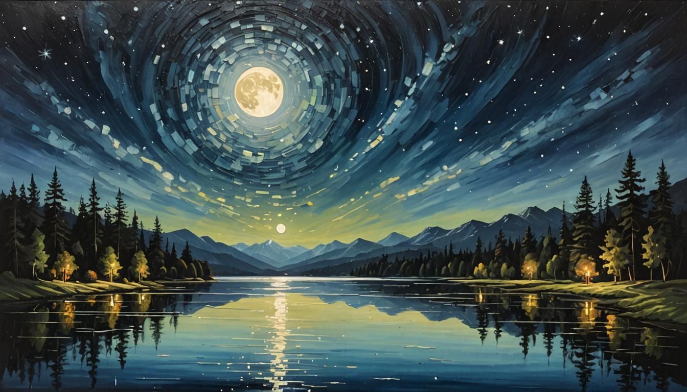 Oil Painting of a moonlight on lake, starry night, reflection, hyper details, artwork that plays ...