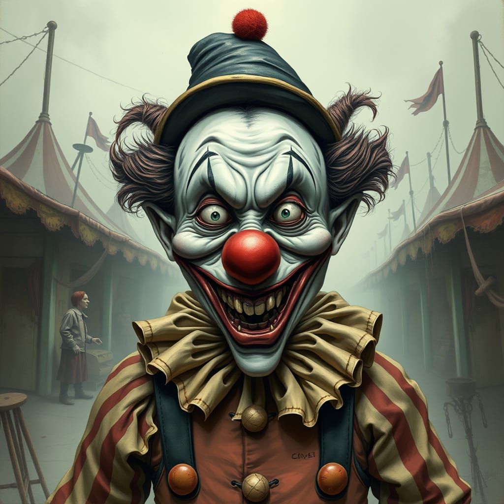 Grotesque Children's Clown with Sinister Grin in H... - AI Art