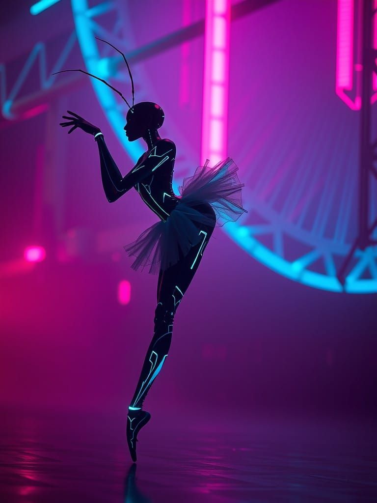 Silhouette of epic deadly cyberpunk ballerina in