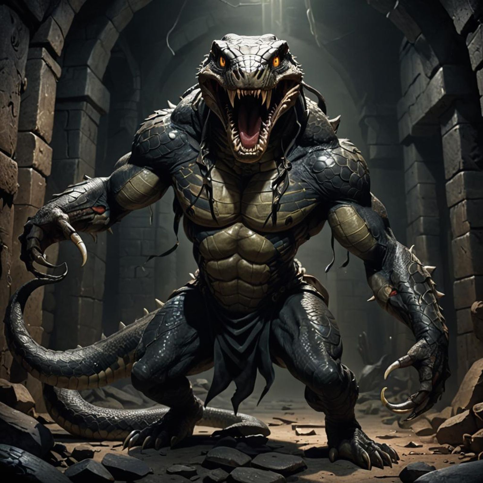 A snake like humanoid creature with scaly arms and legs mouth open ...